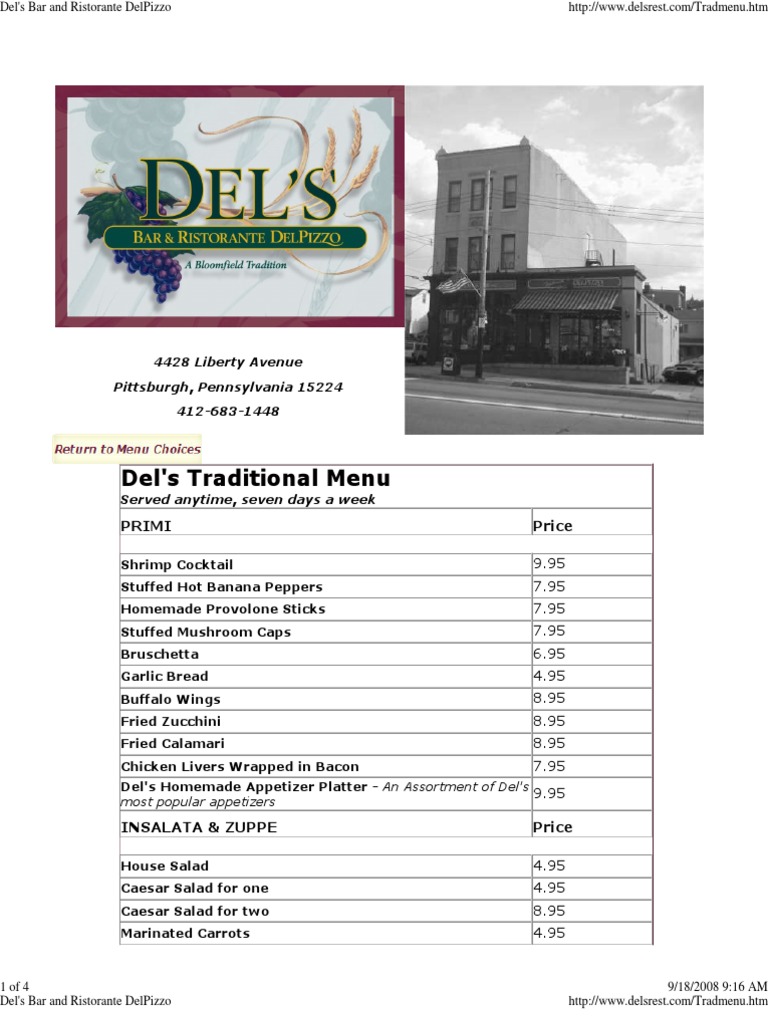 Del's Traditional Menu | PDF | Tomato Sauce | Pizza