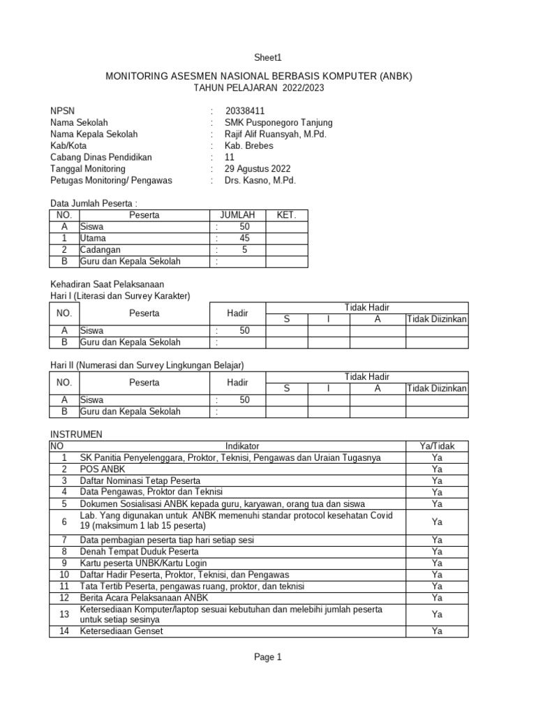 Instrumen ANBK SMK Pusponegoro 2022 | PDF
