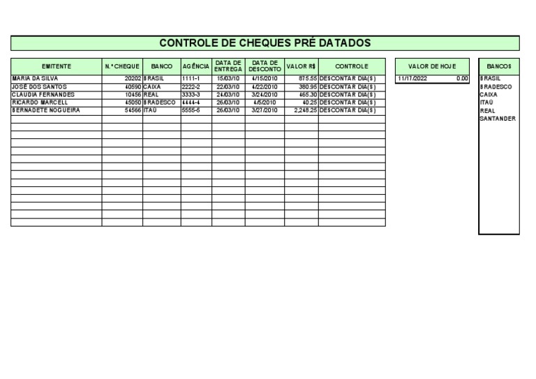 Planilha de Controle de Cheques Pré Datados | PDF
