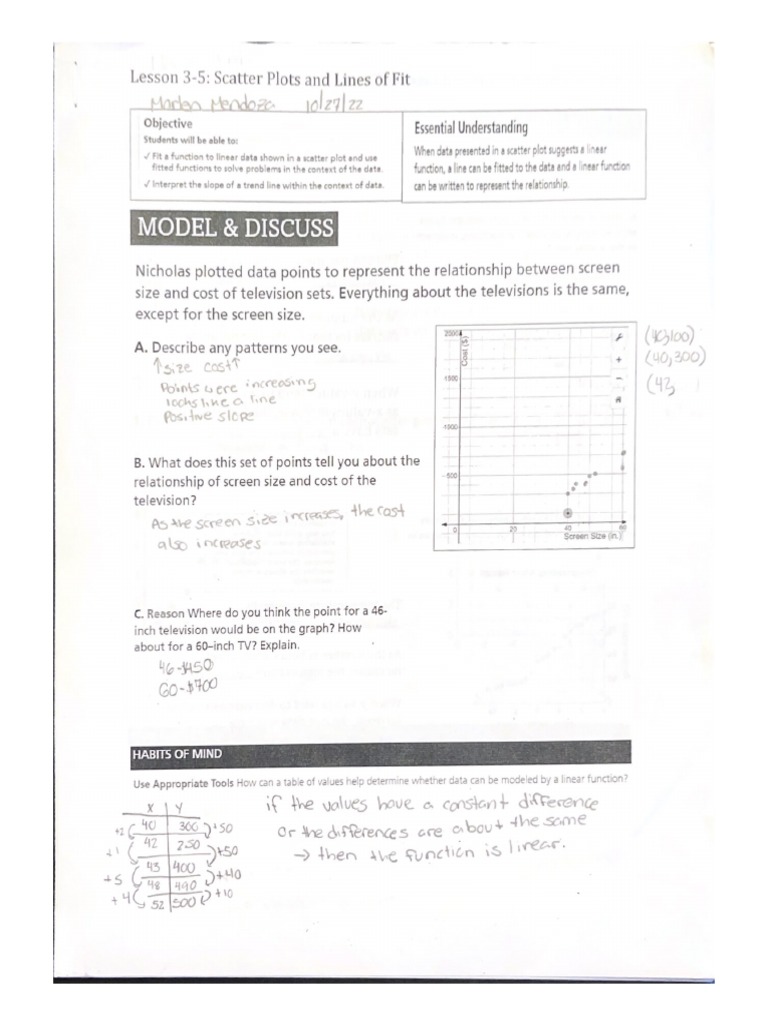 Lesson 3-5 Scatter Plots and Lines of Fit | PDF