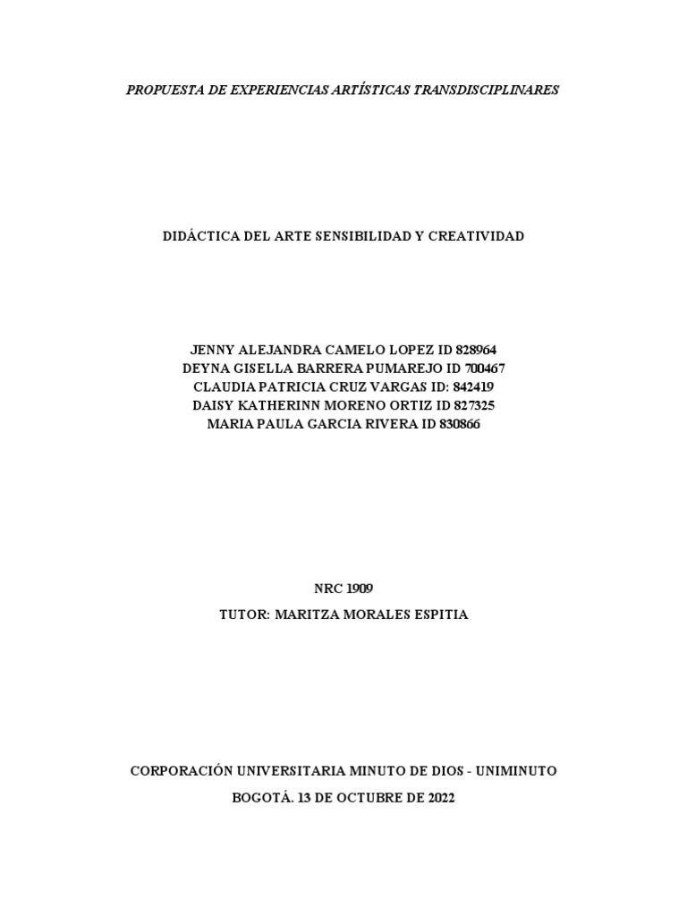 Actividad 7 - Propuesta de Experiencias Artísticas Transdisciplinares | PDF Actividad 7 - Propuesta de Experiencias Artísticas Transdisciplinares | PDF