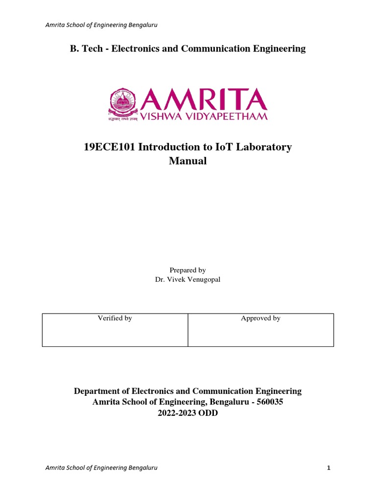 19ece101 Introduction To Iot Laboratory Manual: B. Tech - Electronics and Communication ...