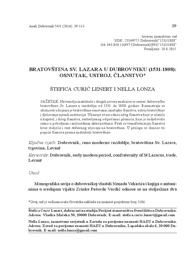 Bratovstina SV Lazara U Dubrovniku 1531 | PDF