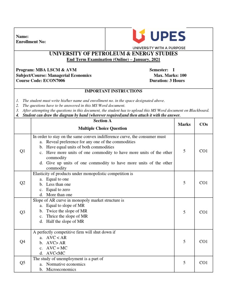 Managerial Economics End Term Examination: Analyzing Market Structures ...