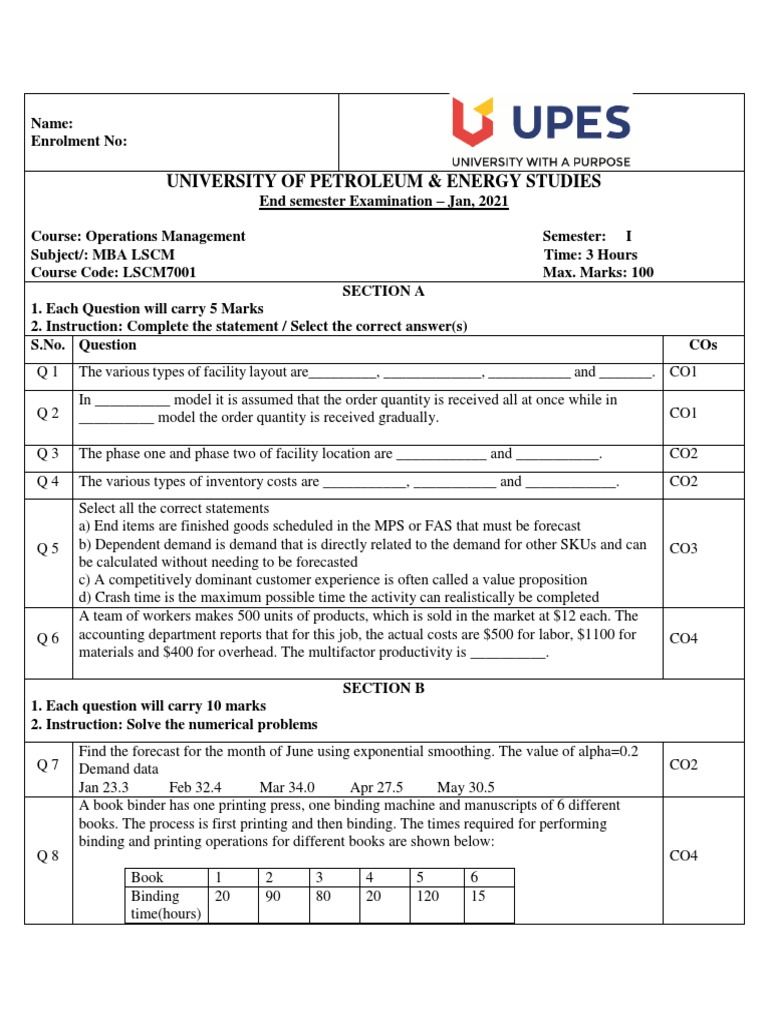 SOB Sem 1 MBA-LSCM LSCM7001 Operations Management | PDF | Operations ...