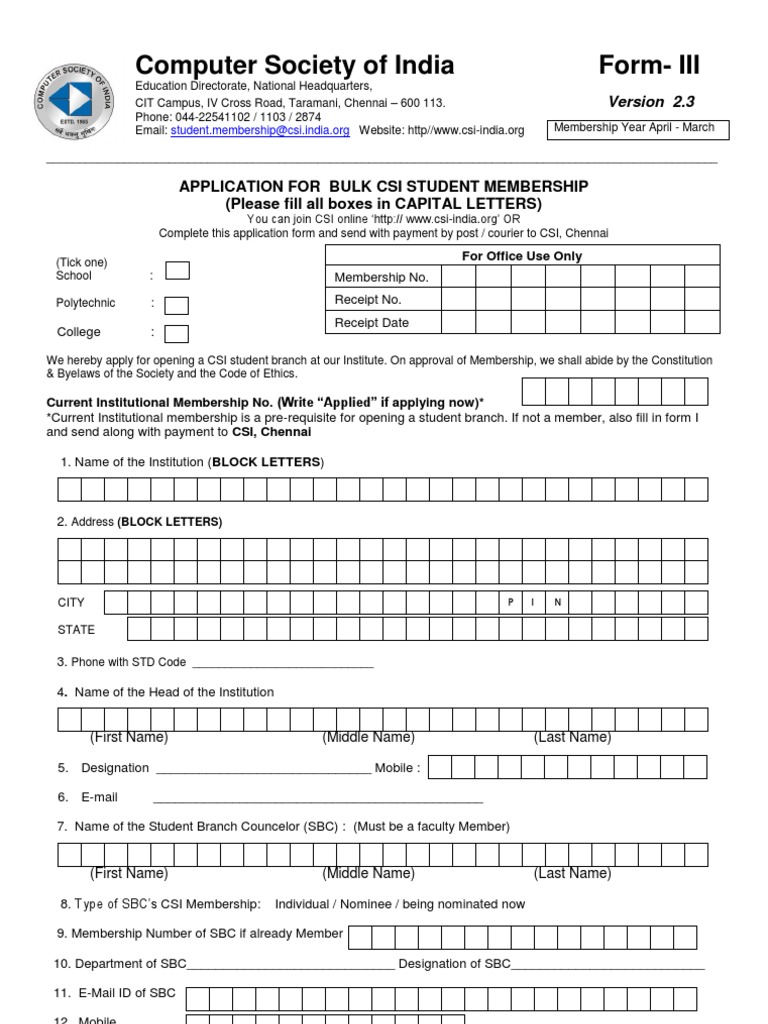 Bulk Application for CSI Student Membership | PDF | Cheque | Fee