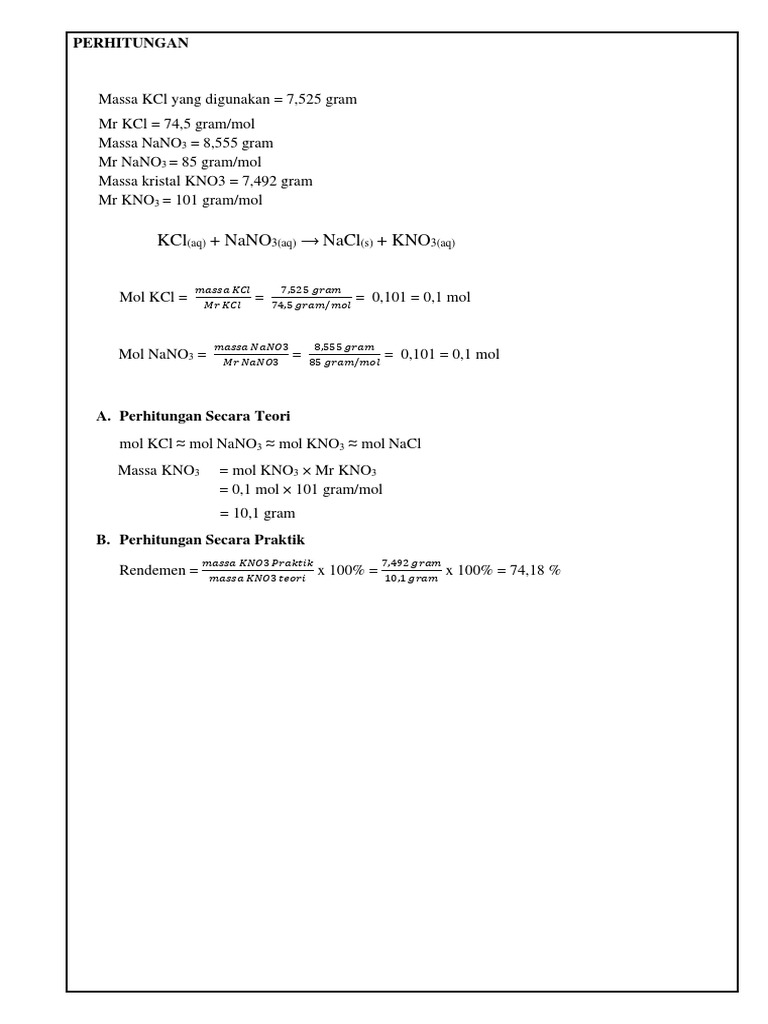 Calculation of Masses, Moles, and Percent Yield in the Precipitation of Potassium Nitrate | PDF