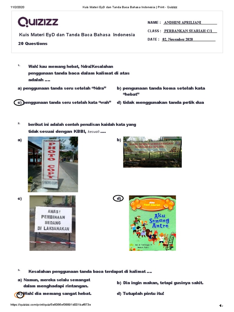 Kuis Materi EyD Dan Tanda Baca Bahasa Indonesia - Print - Quizizz | PDF