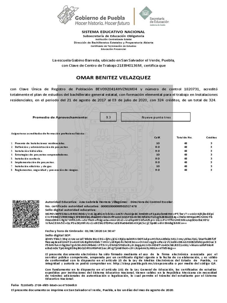 Certificado Sisep Puebla | PDF | Pensamiento | Plan de estudios