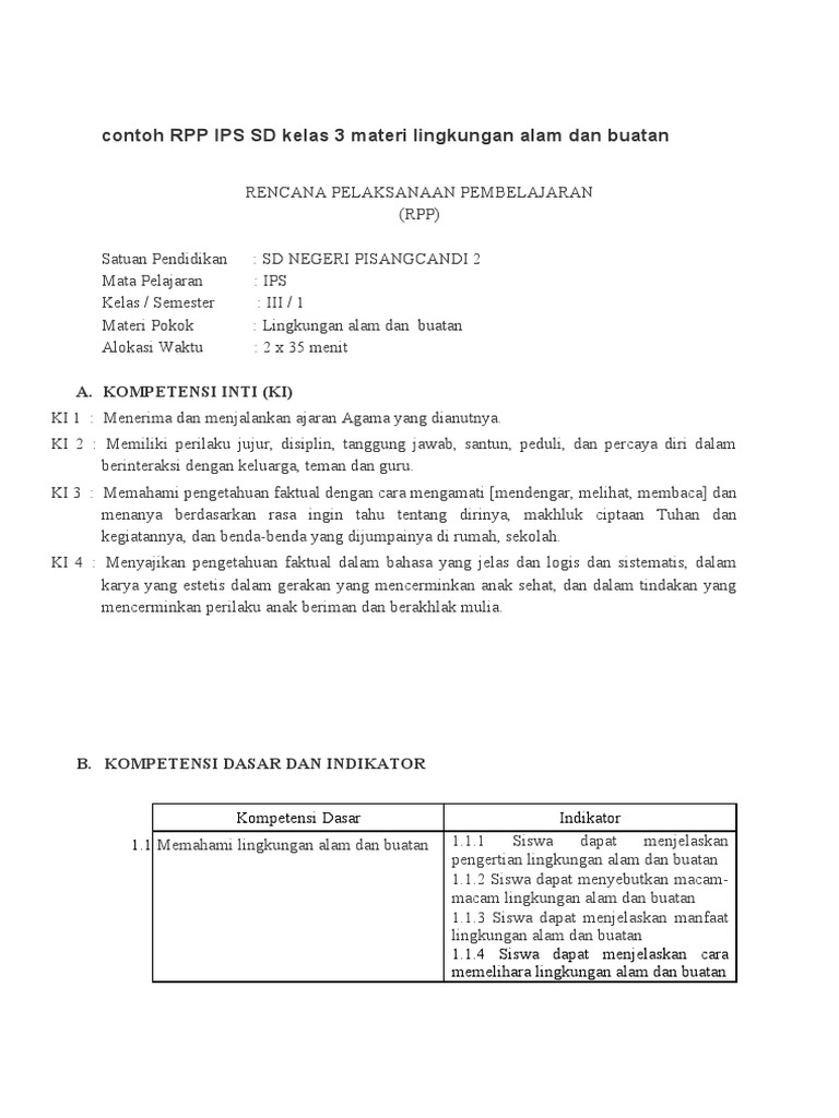 Contoh RPP IPS SD Kelas 3 Materi Lingkungan Alam Dan Buatan | PDF