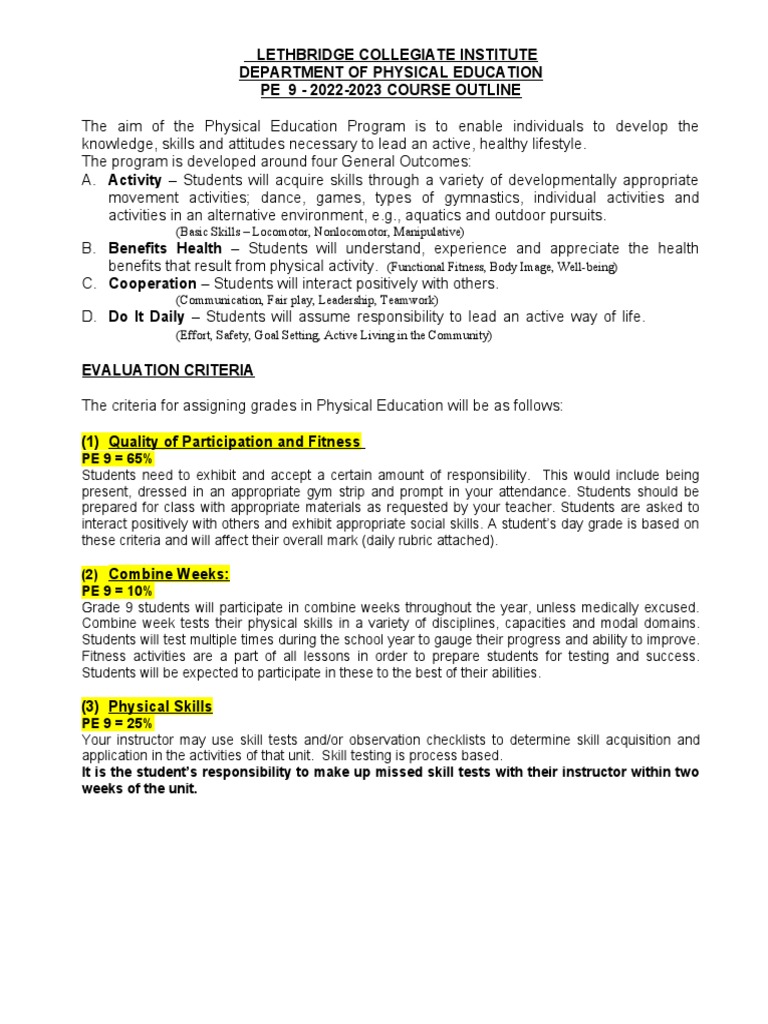 Pe 9 Course Outlines Fall 2022 Highlighted | PDF