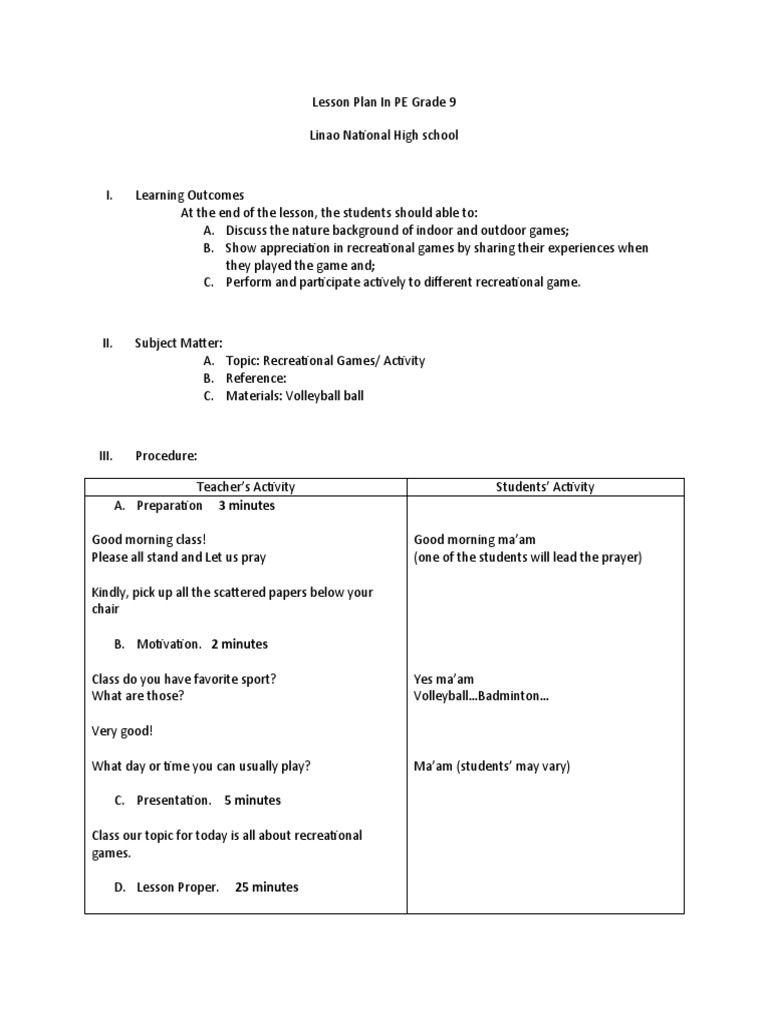Lesson Plan in Physical Education and Health GRADE 9 | PDF | Lesson Plan | Recreation