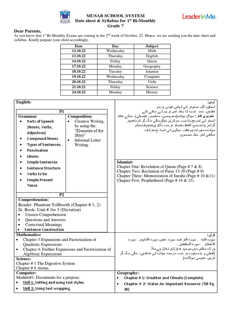 Grade 7 Date Sheet & Syllabus for 1st Bi-Monthly Exams | PDF | Linguistics | Grammar