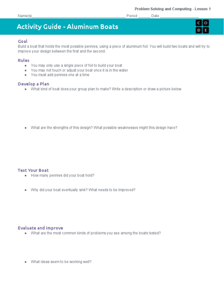 Lesson 1 - Activity Guide - Aluminum Boats | PDF | Business | Art