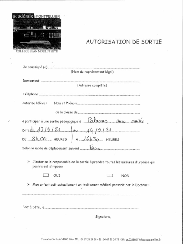 Autorisation Sortie Scolaire | PDF