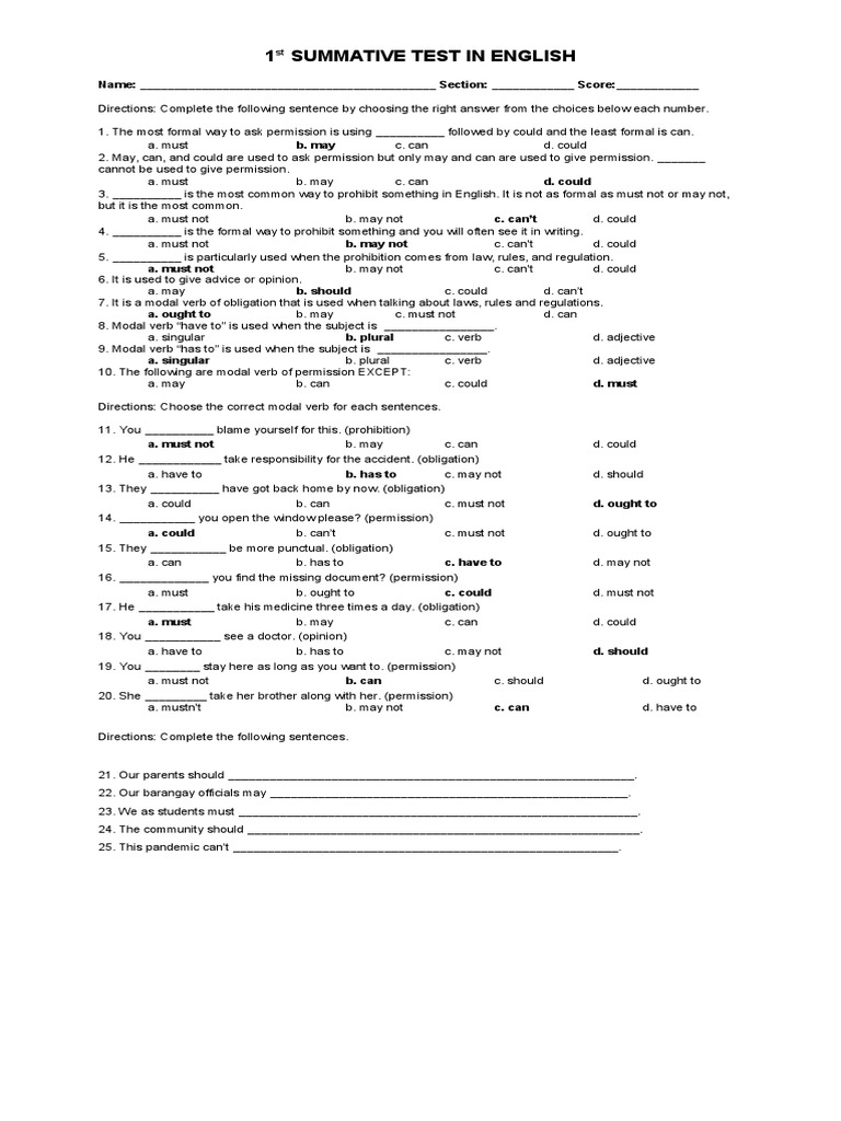 1st Summative Test in English Modal Verbs | PDF | Grammatical Number | Verb