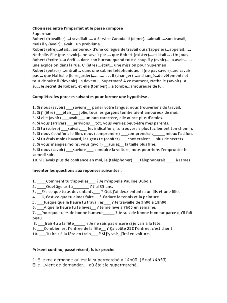 Ficha Passé Composé Y Imparfait Pdf