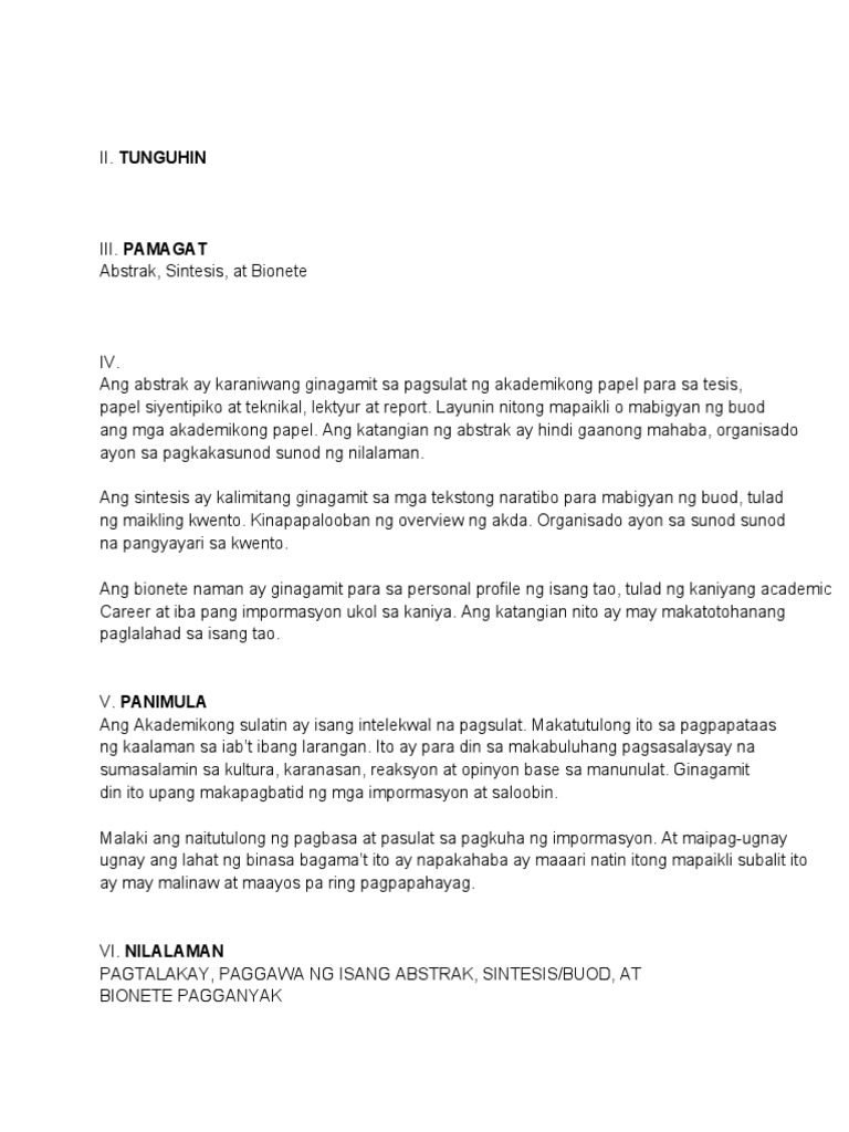 Unang Pangkat - Abstrak, Sintesis, at Bionote | PDF