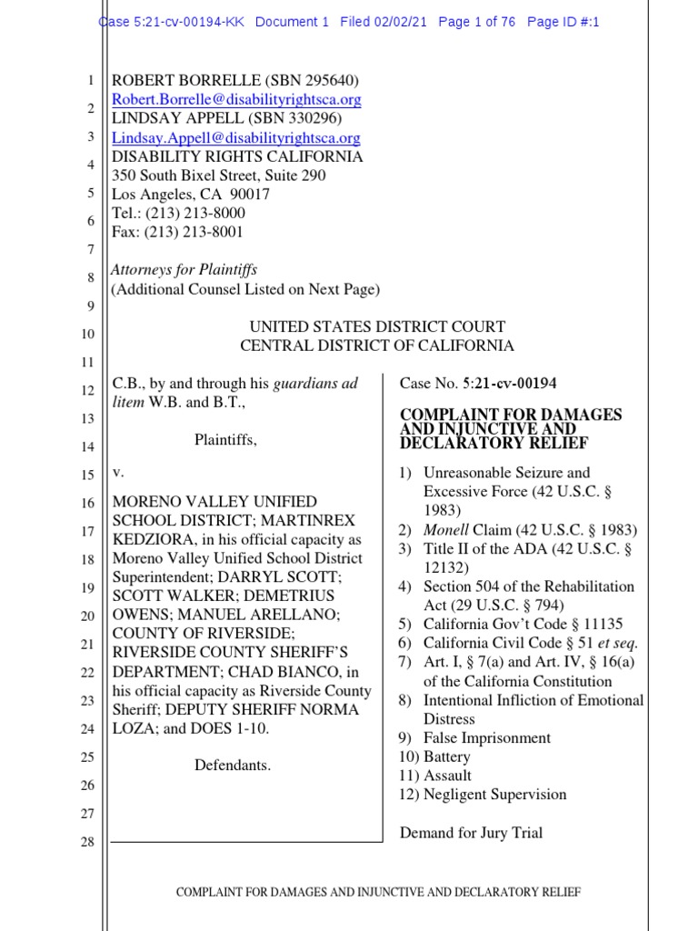 Lawsuit On Behalf of Child Handcuffed by Police | PDF | Psychological ...