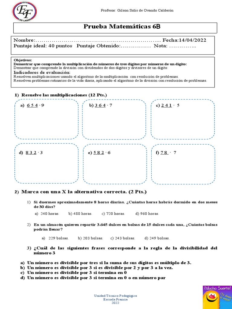 Prueba 6°B 14 de Abril Multiplicación y División 2.022 | PDF | Matemáticas | Aritmética
