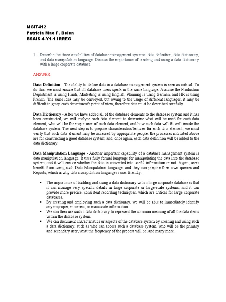 The Importance of Data Definition, Data Dictionaries, and Data Manipulation Languages in Large ...