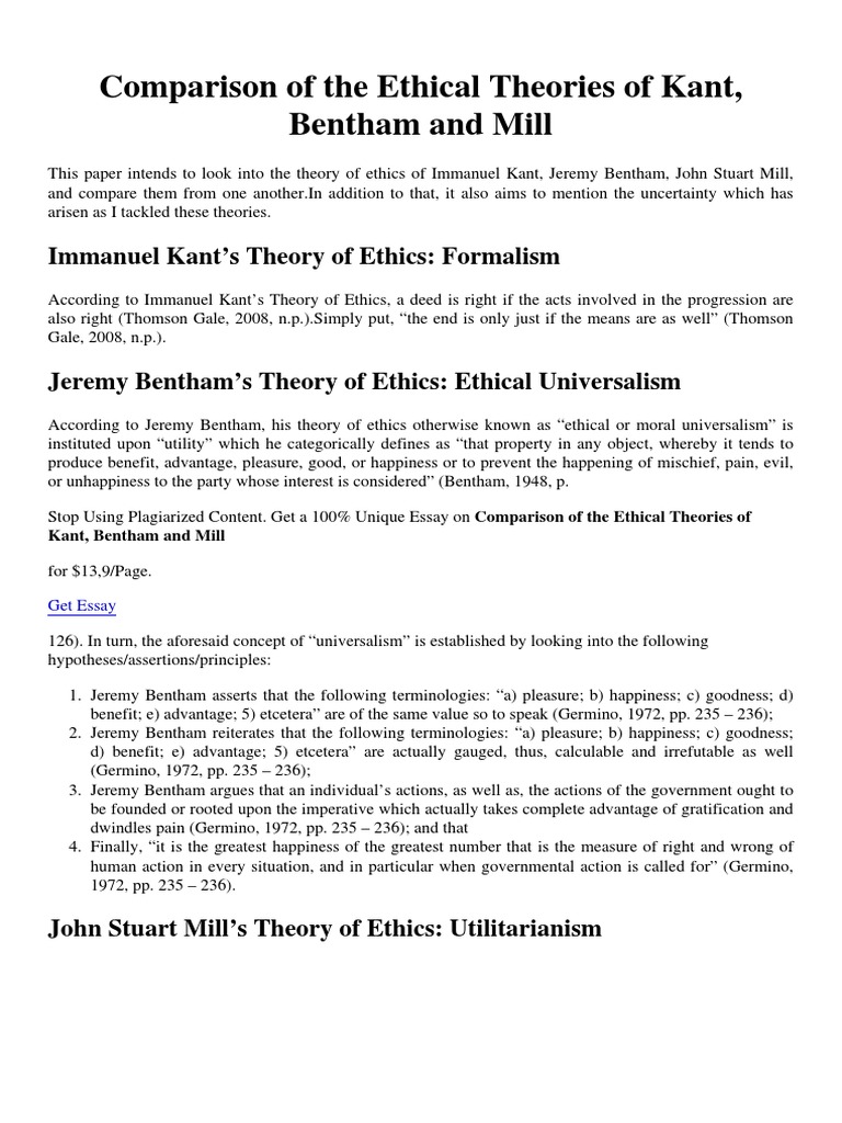 Comparison of The Ethical Theories of Kant, Bentham and Mill | PDF ...