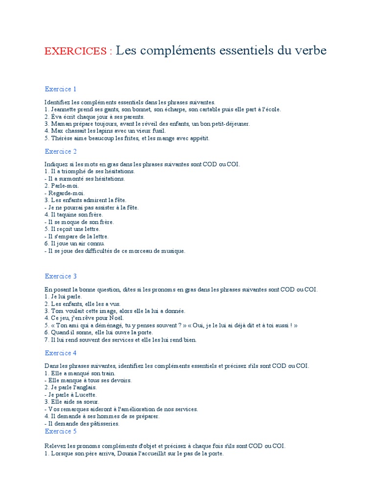Exercices Complements Essentiels Du Verbe | PDF