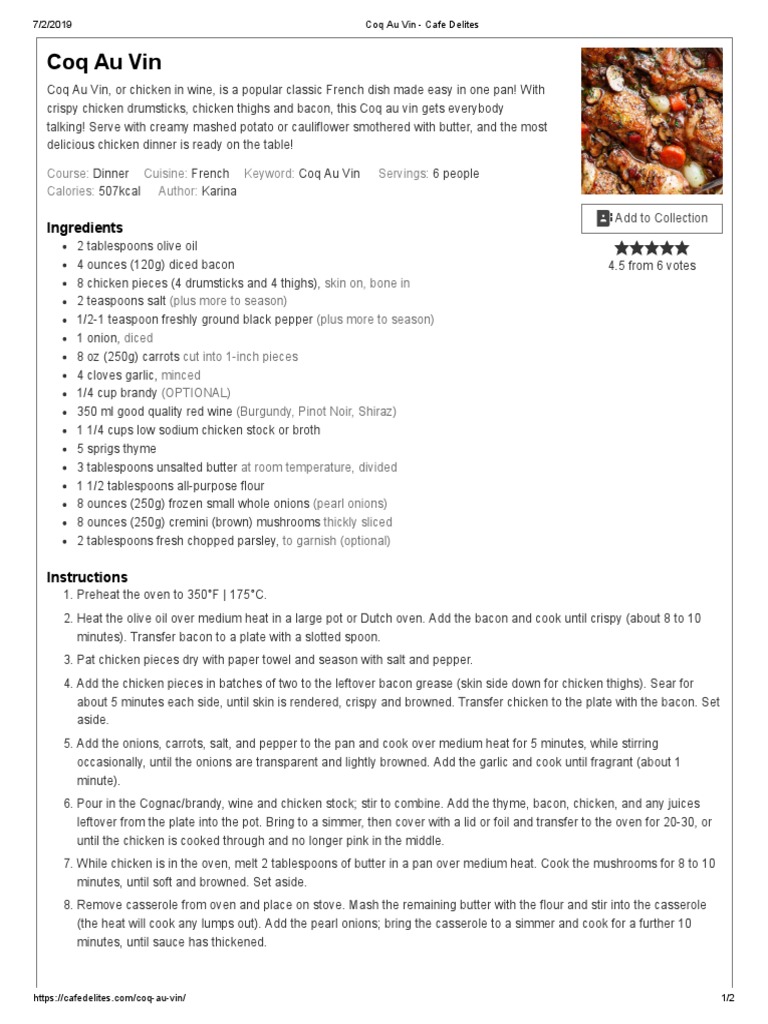 Coq Au Vin | PDF | Cooking | Bacon