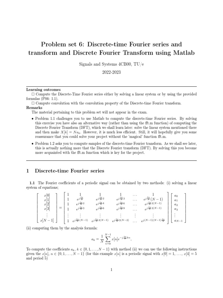 Problem Set 6: Discrete-Time Fourier Series and Transform and Discrete Fourier Transform Using ...
