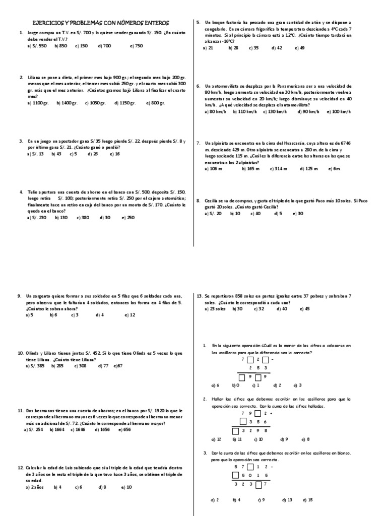 Ejercicios y Problemas Con Números Enteros | PDF
