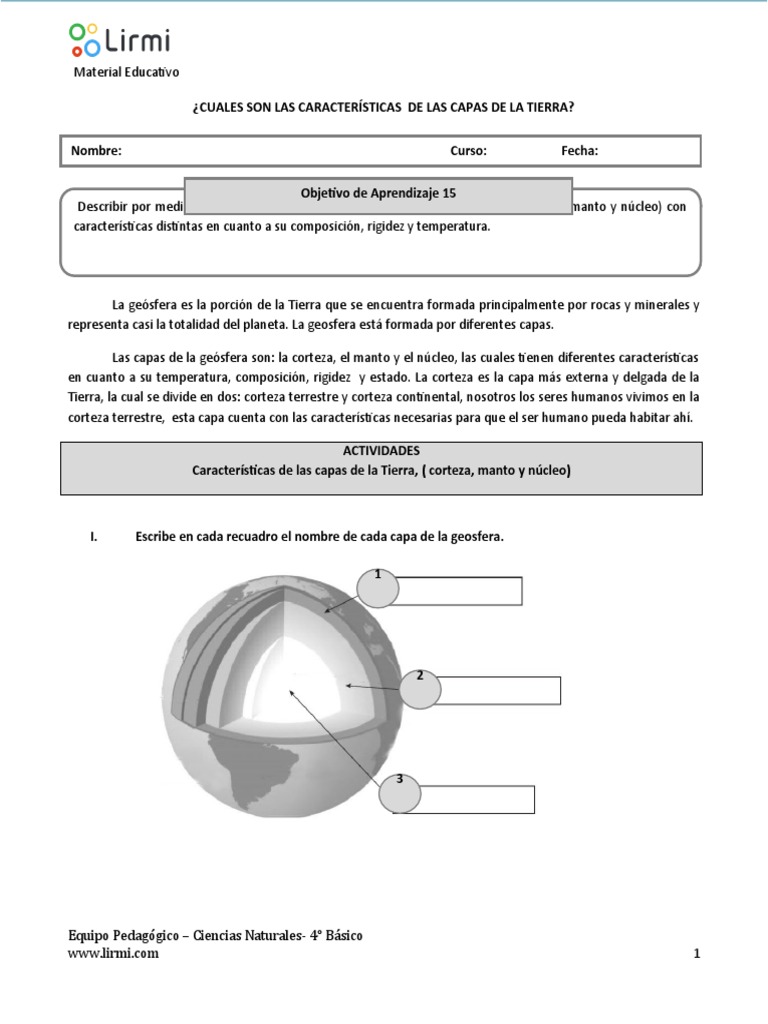 Capas de la Tierra para 4° Básico | PDF | Corteza (Geología) | Tierra