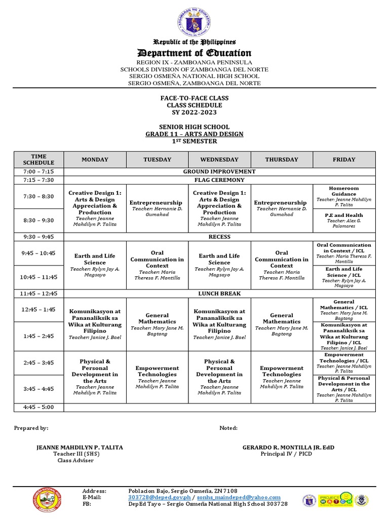 Grade 11 F2F Class Schedule - Sy 2022 2023 | PDF