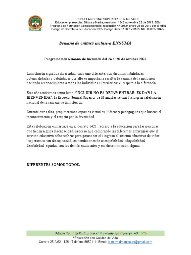 Semana de cultura inclusiva ENSUMA | PDF | Inclusión (Educación)