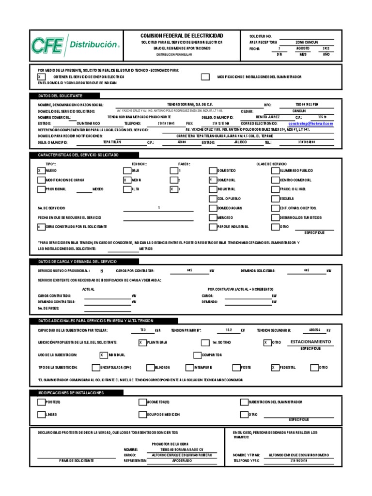Solicitud de Servicio de Energía Eléctrica CFE Distribución 750 Firma de Alfonso | PDF ...