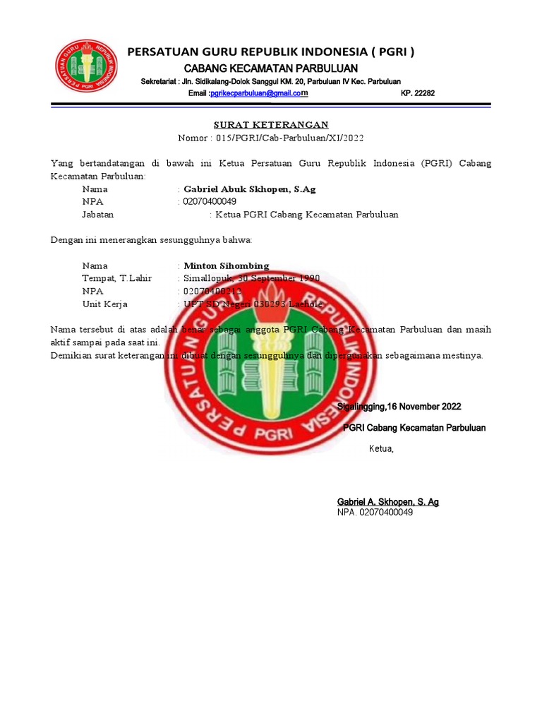 Surat Keterangan Anggota PGRI | PDF