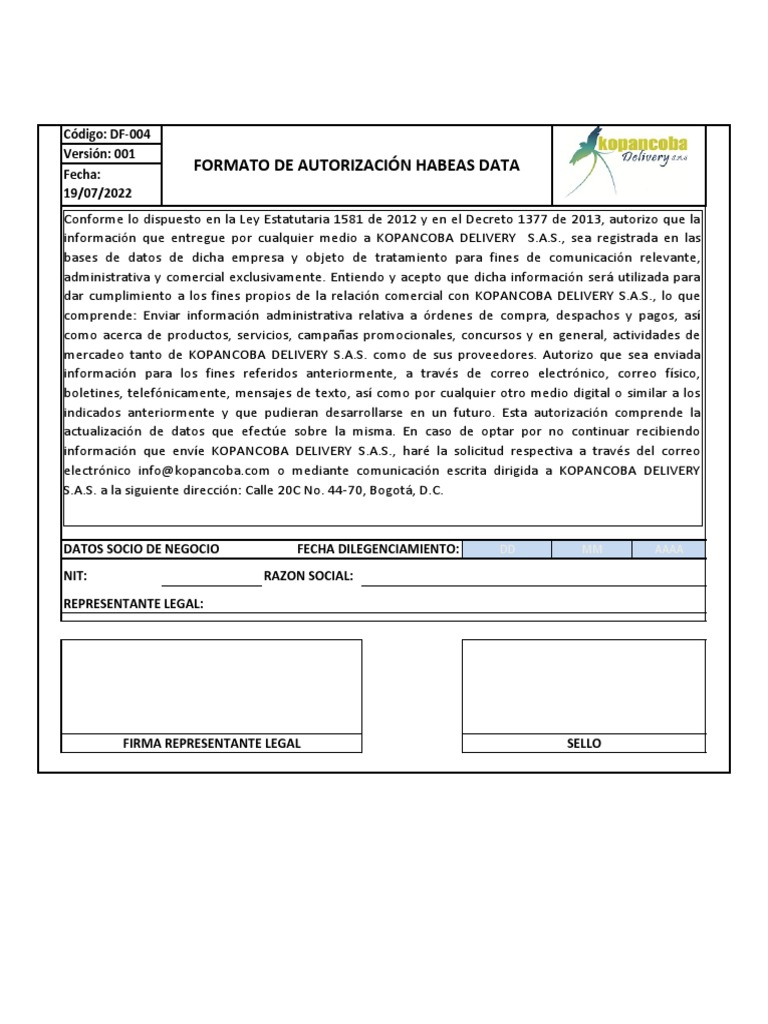 Formato Habeas Data Actualizado 19 Julio 2022 | PDF