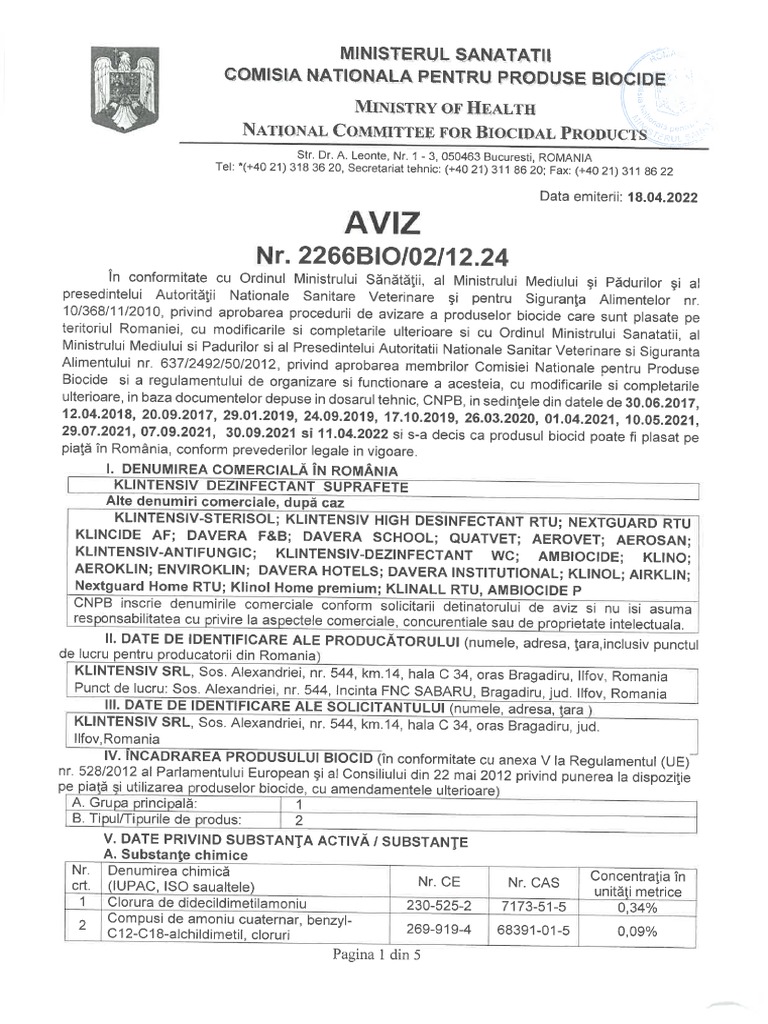 Aviz 2266 Klintensiv Dezinfectant Suprafete RTU | PDF