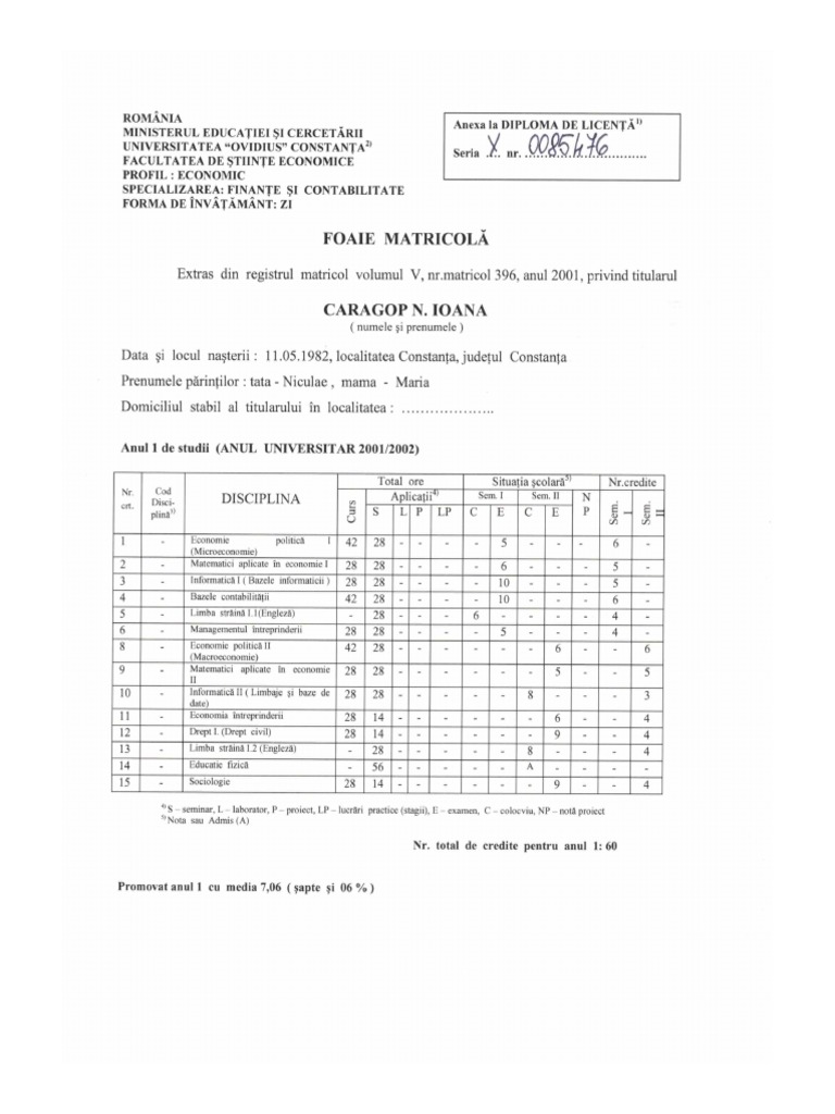 Foaie Matricola Univ Ovidius - Ioana | PDF