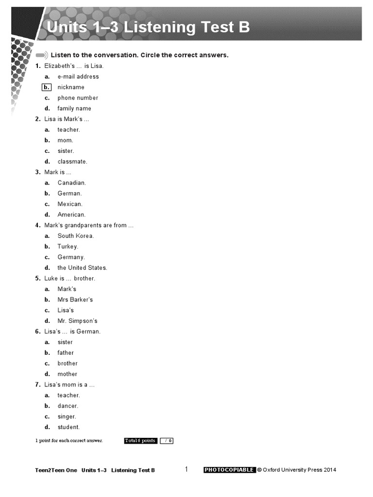 Level1 One 1-3 Listening Test B | PDF