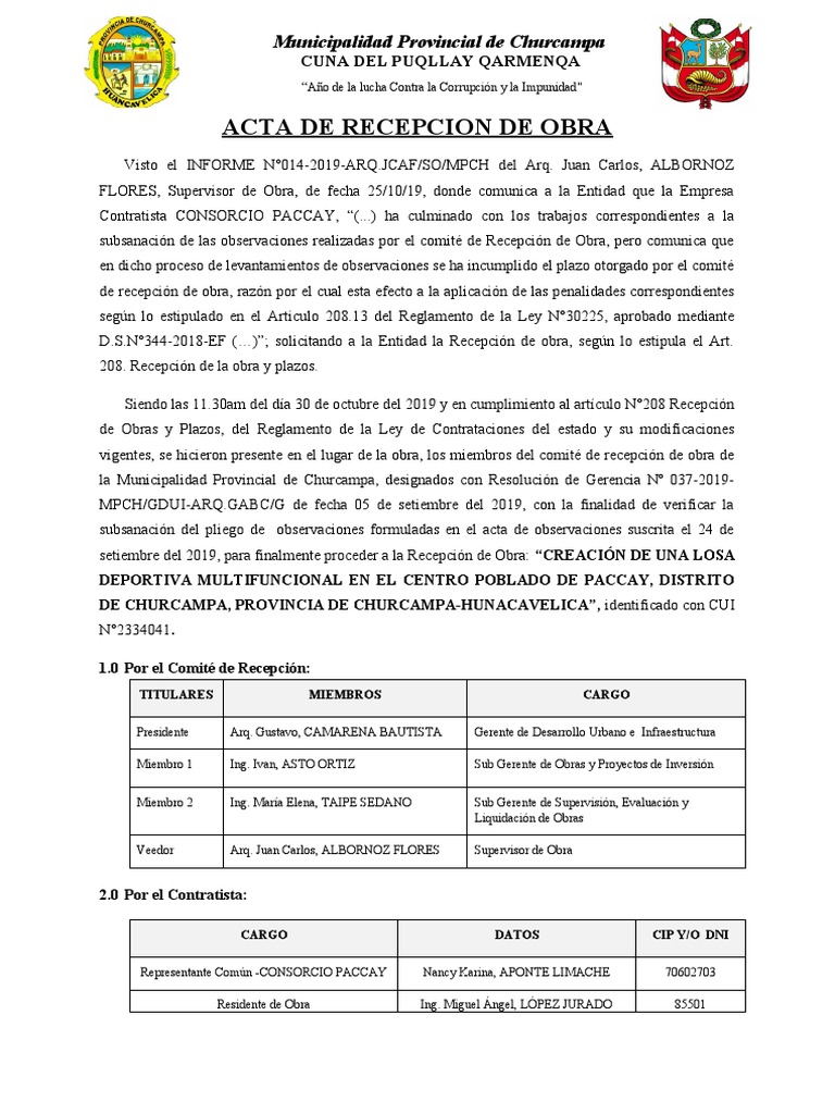 Acta de Recepcion | PDF | Elementos arquitectónicos | Materiales de ...