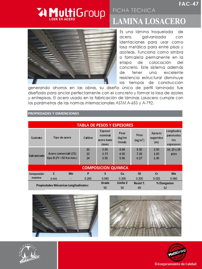 Ficha Técnica Lámina Losacero | Descargar gratis PDF | Acero | Hormigón