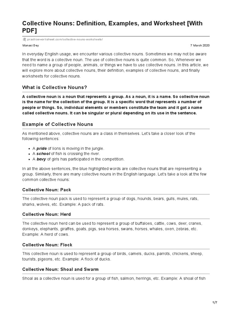 Collective Nouns Definition Examples and Worksheet With PDF | PDF ...