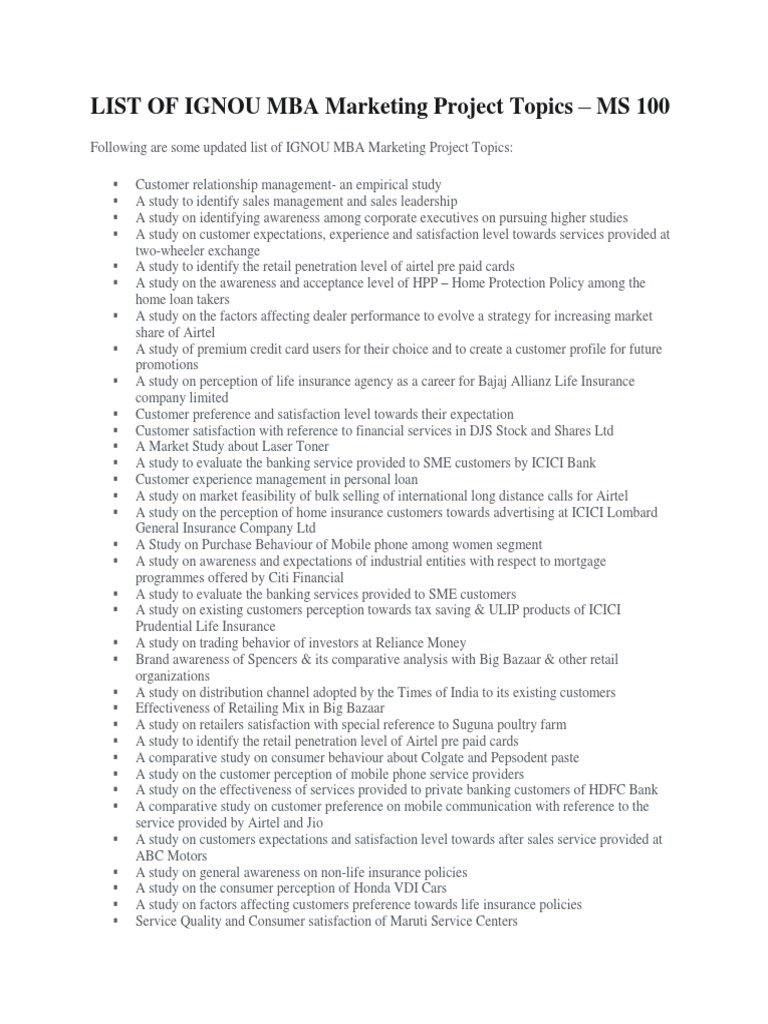 IGNOU MBA Marketing Project Topics List | PDF | Insurance | Marketing