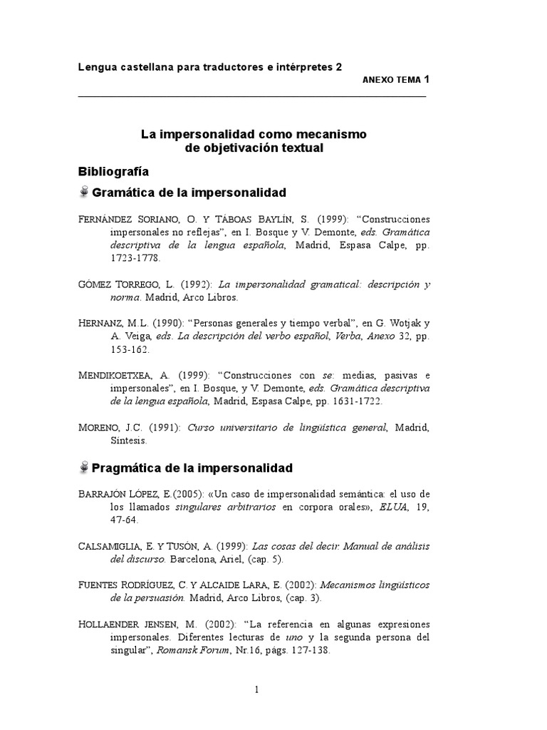 Anexo T1 Impersonalidad | PDF | Asunto (gramática) | Oración (Lingüística)