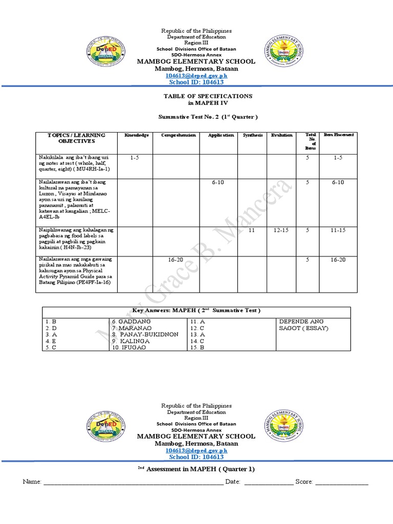 2nd Assessment in MAPEH With TOS | PDF