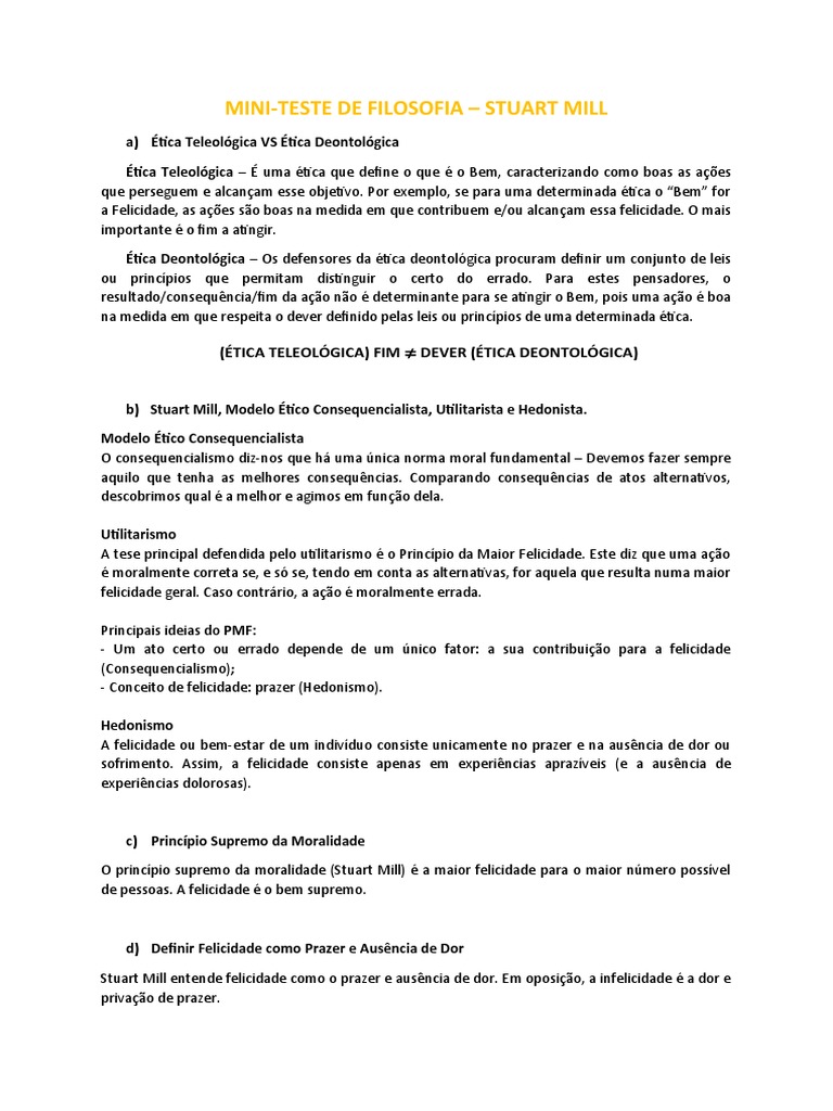 Resumo dos principais conceitos da ética utilitarista de Stuart Mill ...