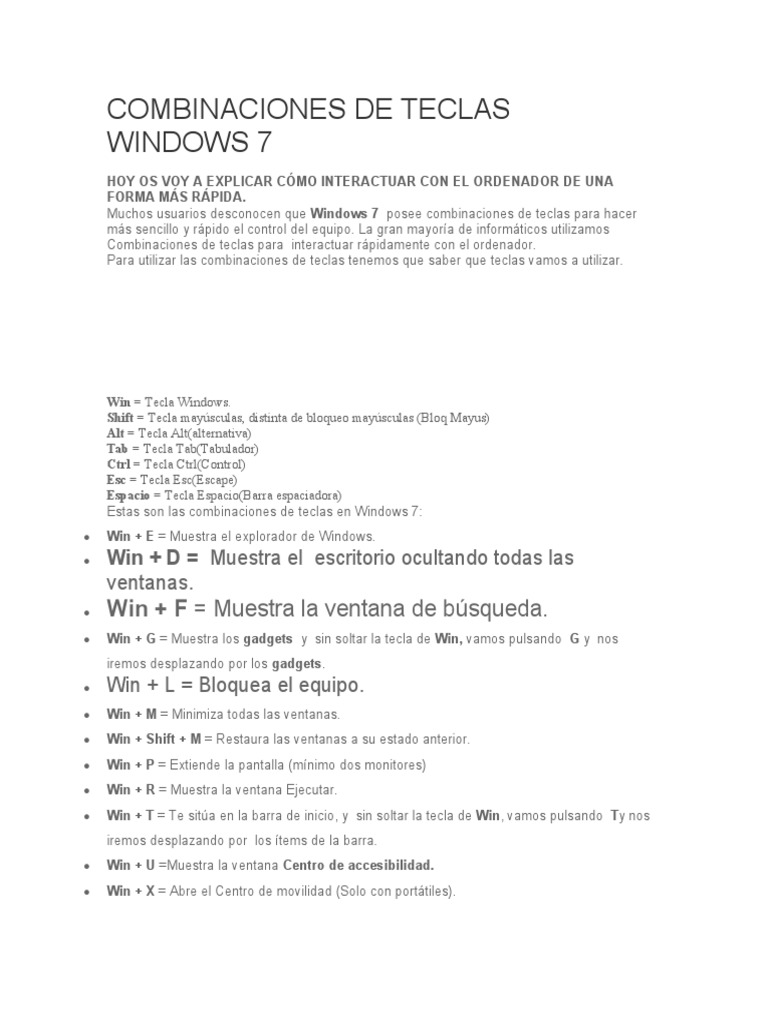 Combinaciones de Teclas Windows 7 | PDF | Ventana (informática) | La ...
