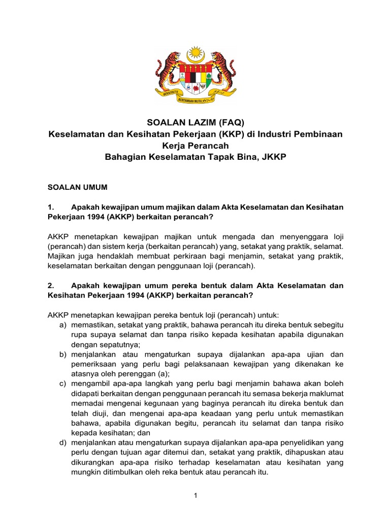 SOALAN LAZIM (FAQ) KKP Di Industri Pembinaan Kerja Perancah - Latest | PDF