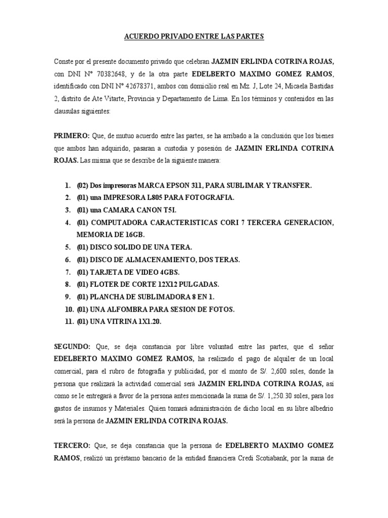 Acuerdo Privado Entre Las Partes | PDF | Bancario | Dinero