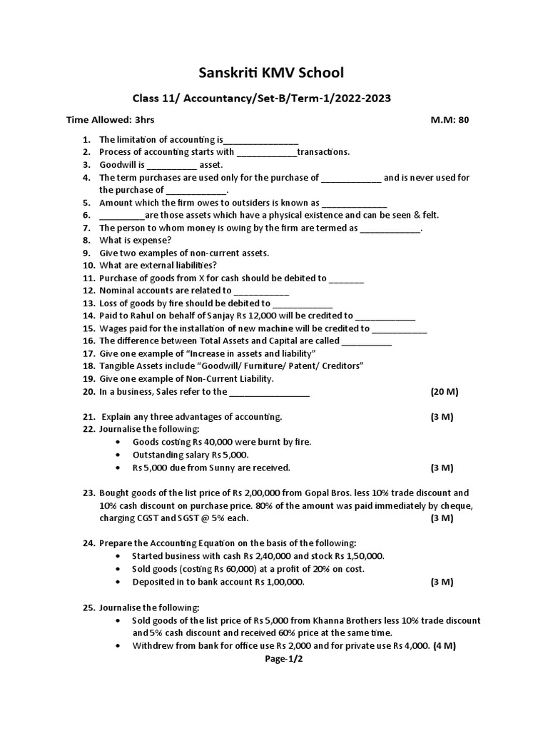 Accounts Set B 2022 2023 Class 11 | PDF | Discounting | Cheque